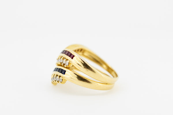 Double 18ct gold rings joined together. Diamonds and Sapphires, and Di ...